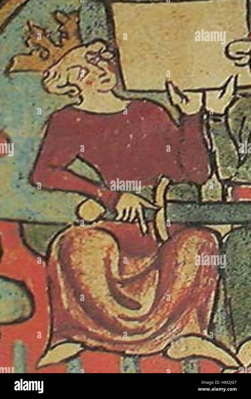 A historical artwork from the 'Flateyjarbok' manuscript depicting Hakon ...