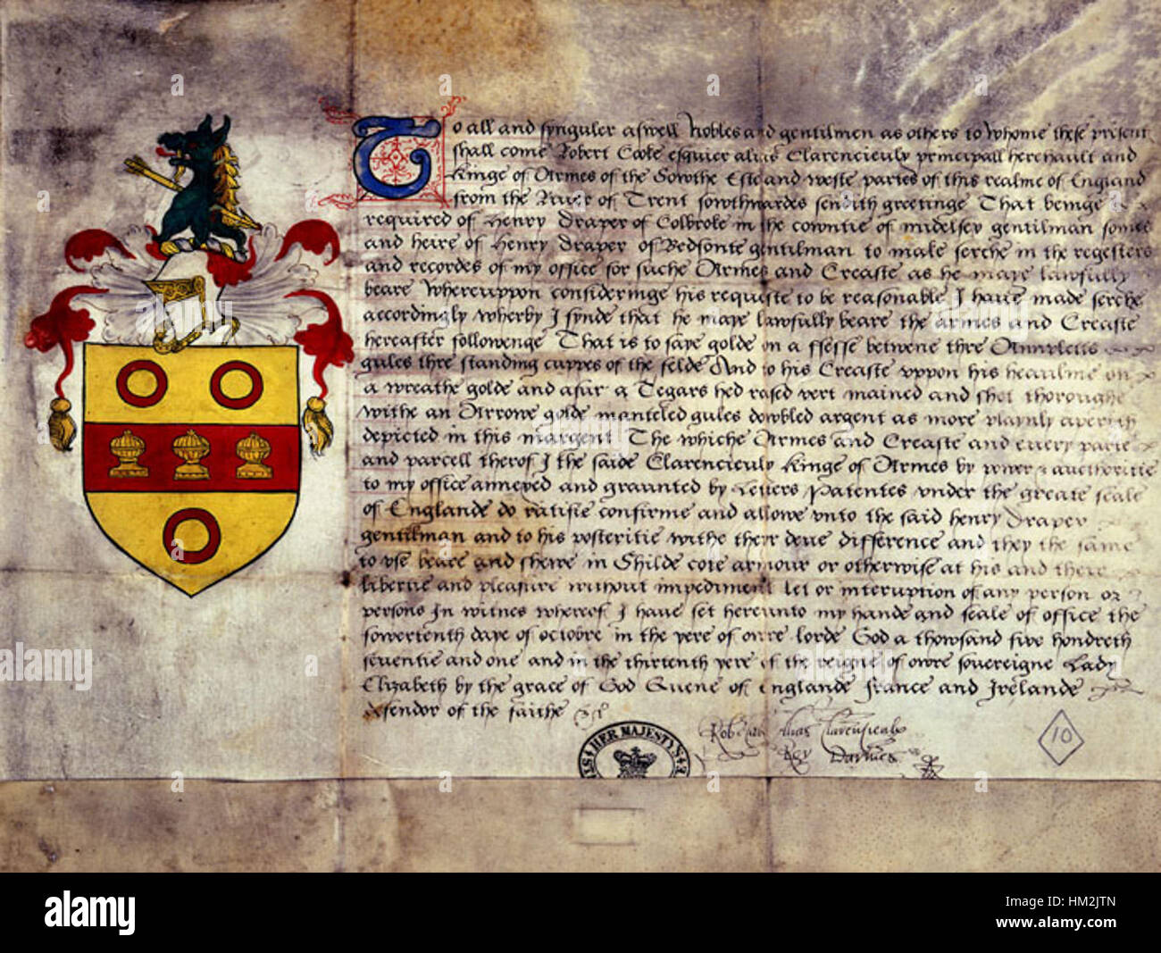 This artwork shows the Grant of Arms for Henry Draper of Colnbrook ...