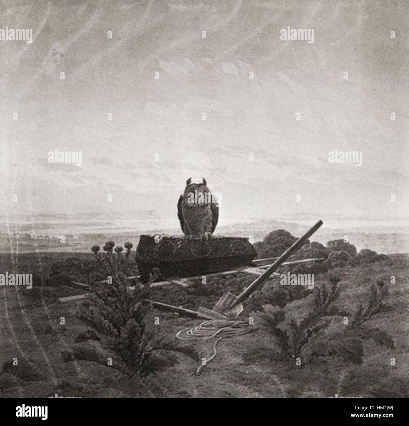 This painting features a somber landscape with an owl perched near a ...