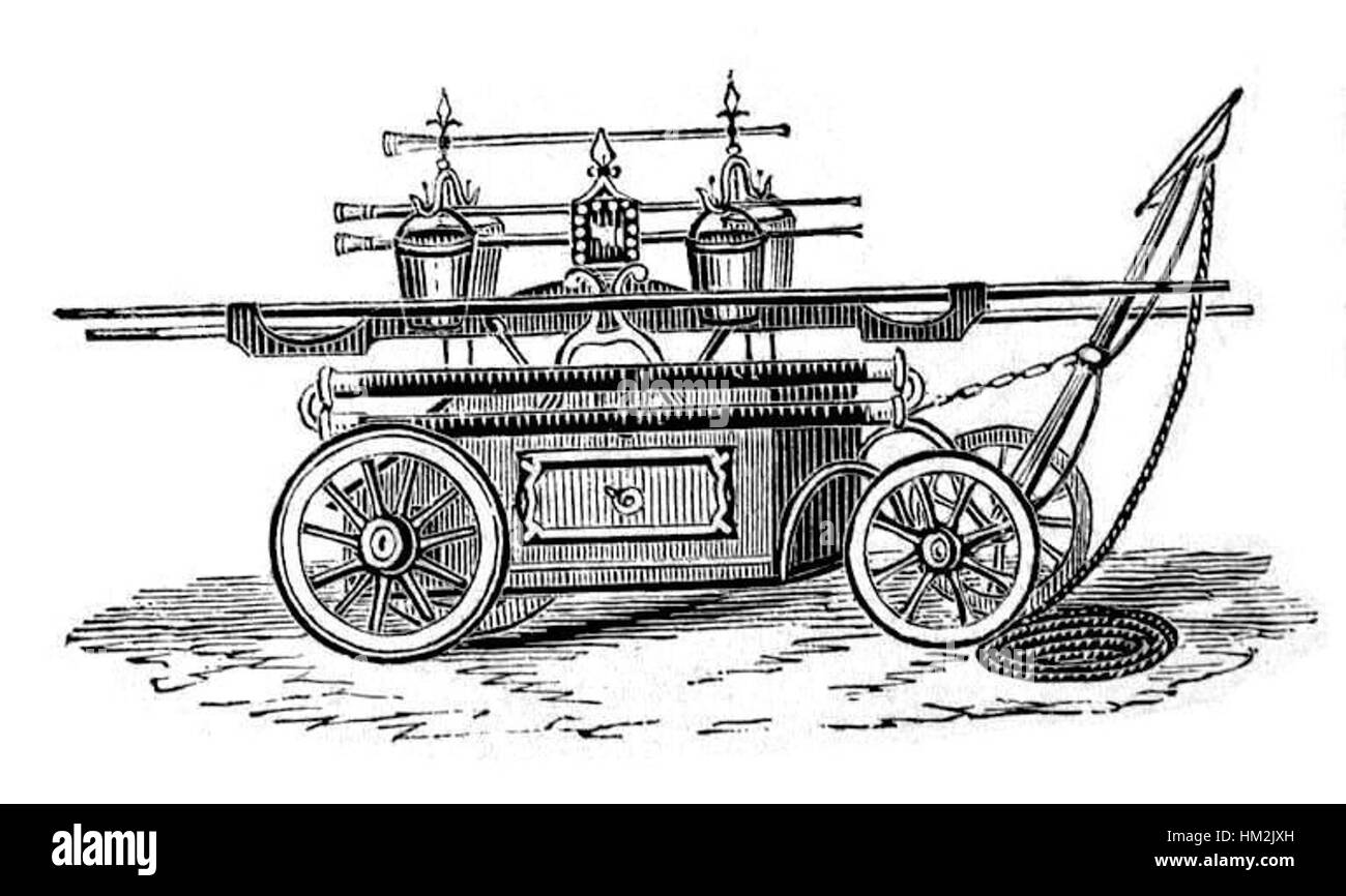 A hand-operated fire engine, often seen in historical depictions ...
