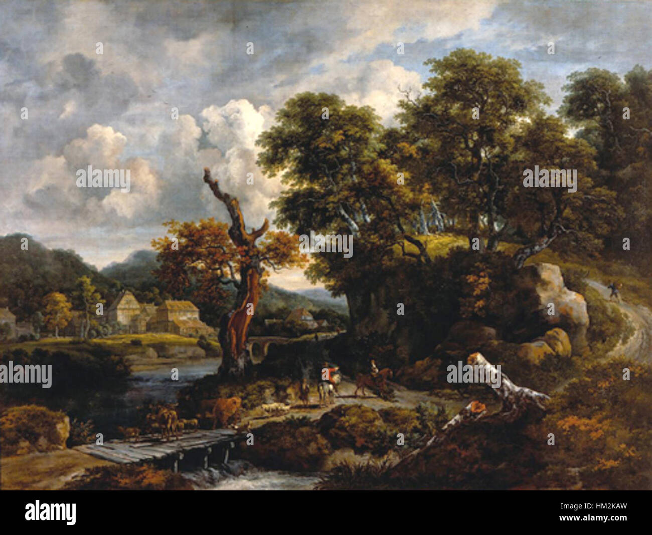 This painting by Jacob van Ruisdael portrays travelers and shepherds ...
