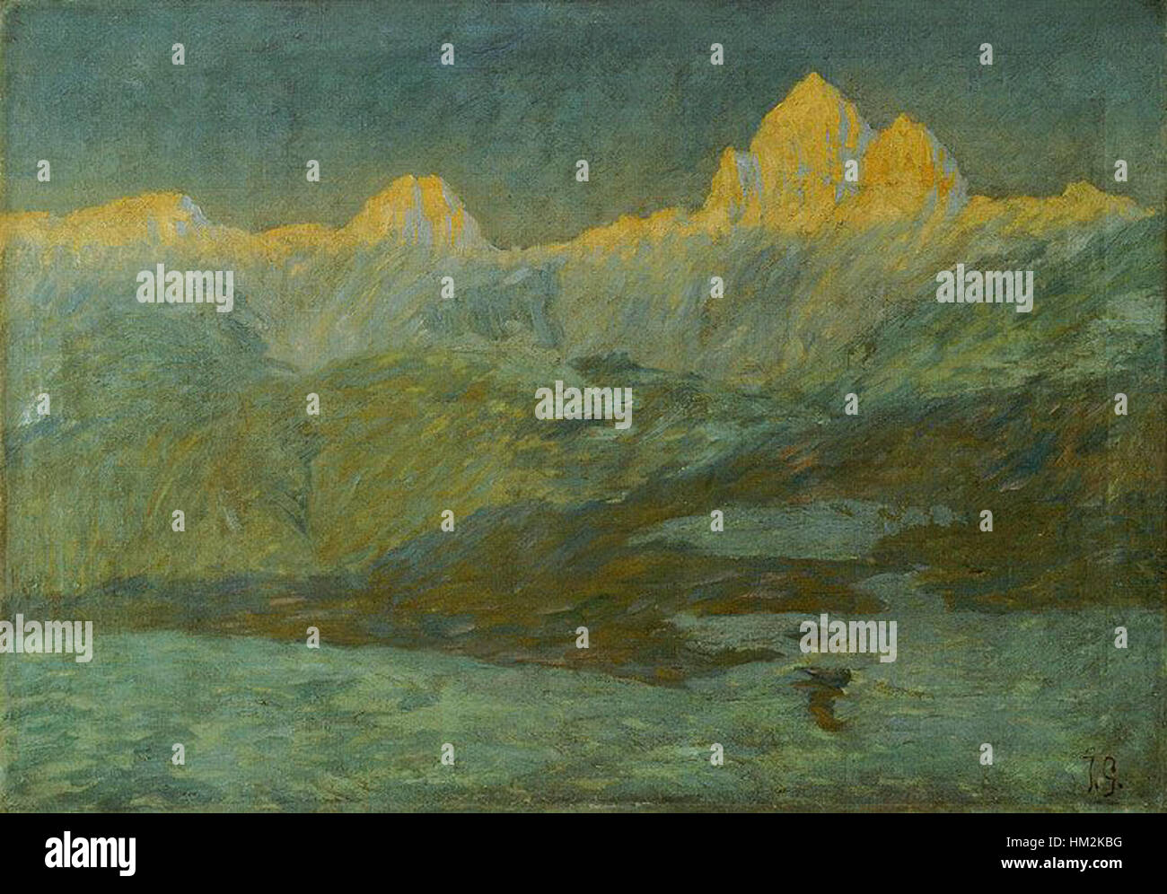 This painting, 'Triglavsko pogorje' by Ivan Grohar, depicts a panoramic ...