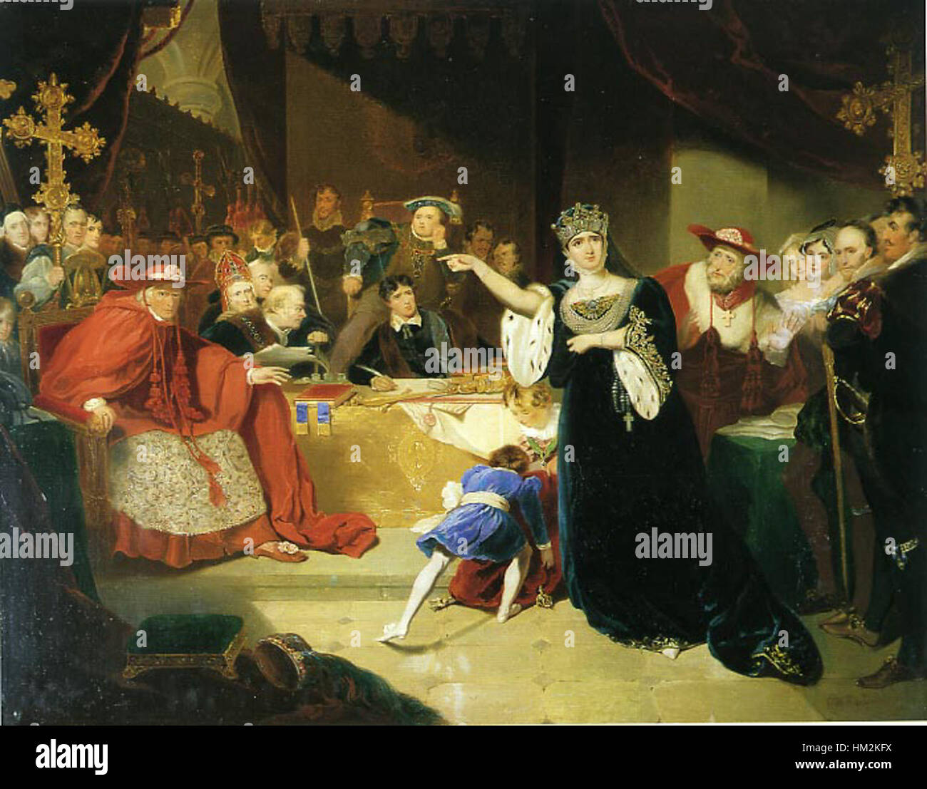 This artwork depicts the dramatic scene from the trial of Queen ...