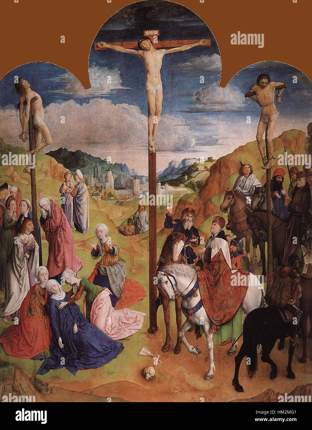 The central panel of the 'Calvary Triptych' by Justus van Gent depicts the crucifixion of Christ ...