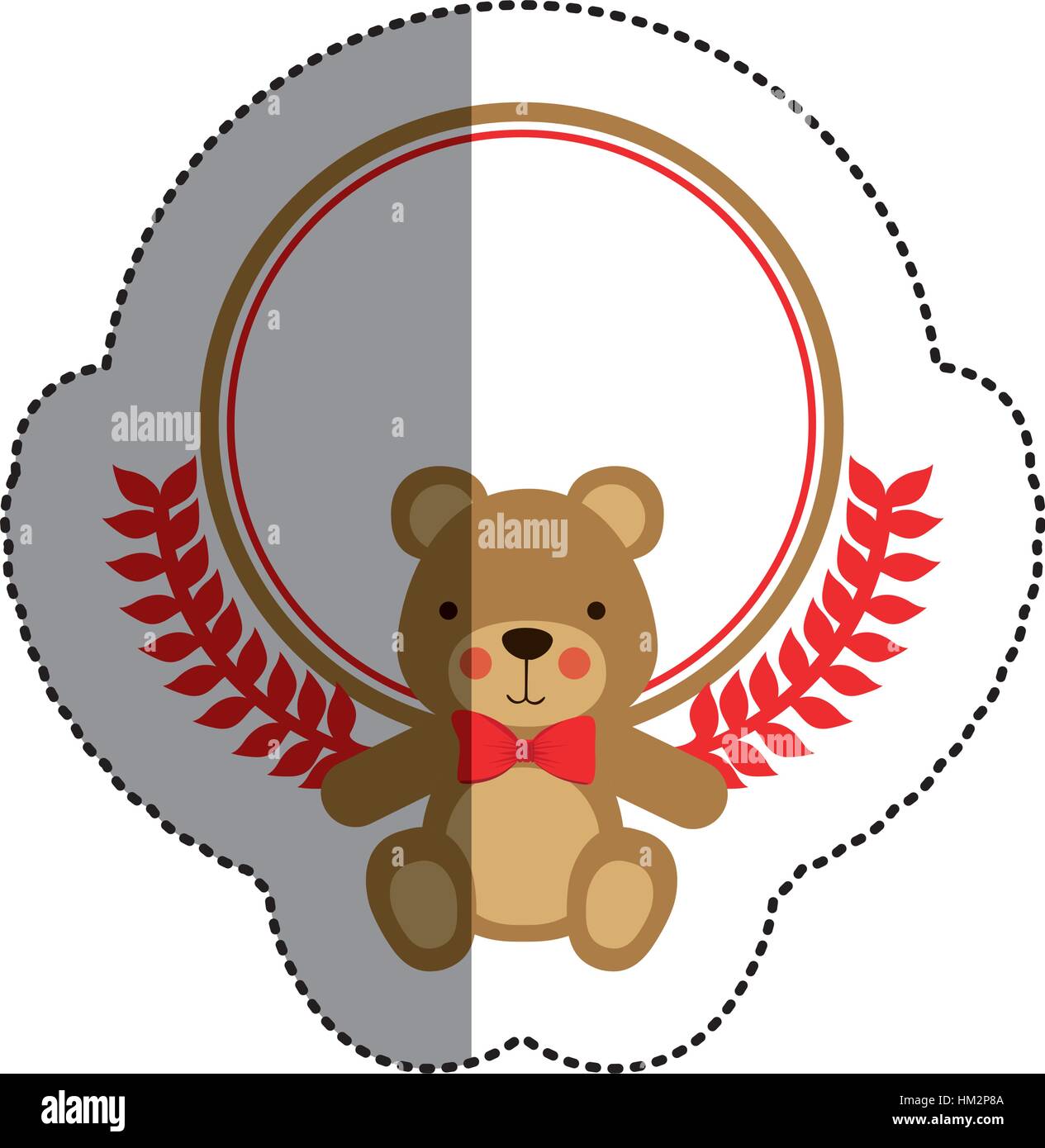 color sticker circle with teddy bear with bow tie and olive branchs and ...