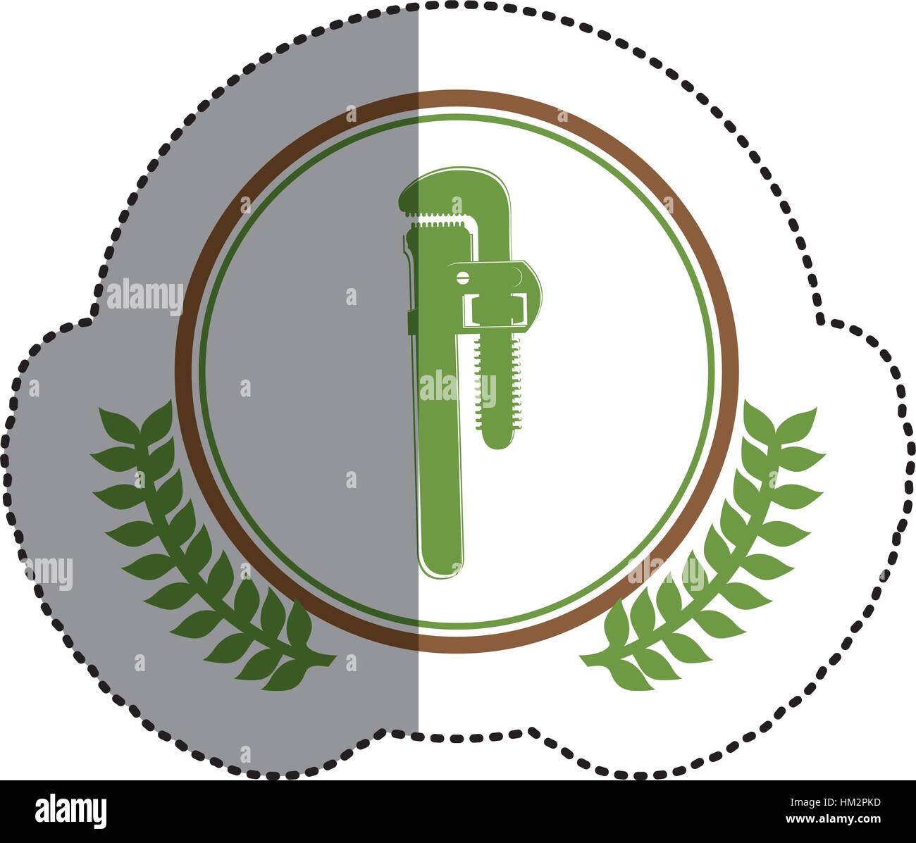 color sticker circle with pipe wrench and olive branchs and middle ...