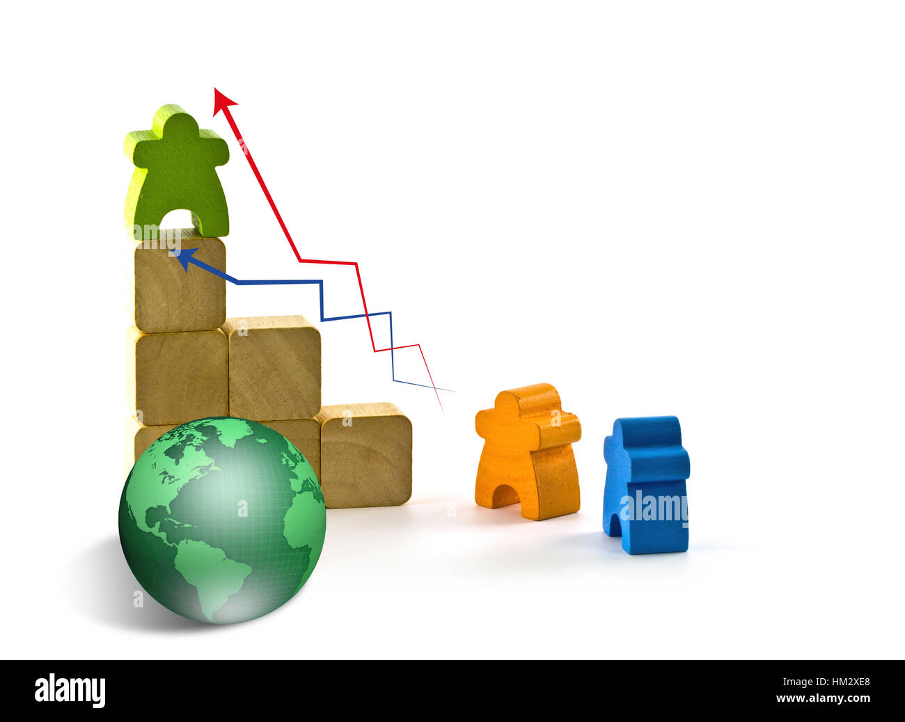 A wooden man standing on the winner platform built of wooden toy blocks ...