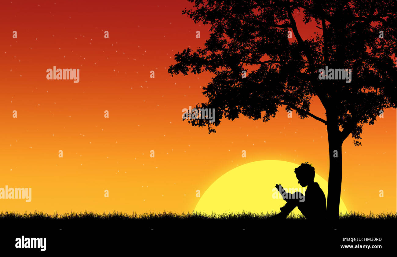 Silhouettes children under tree silhouette hi-res stock photography and ...