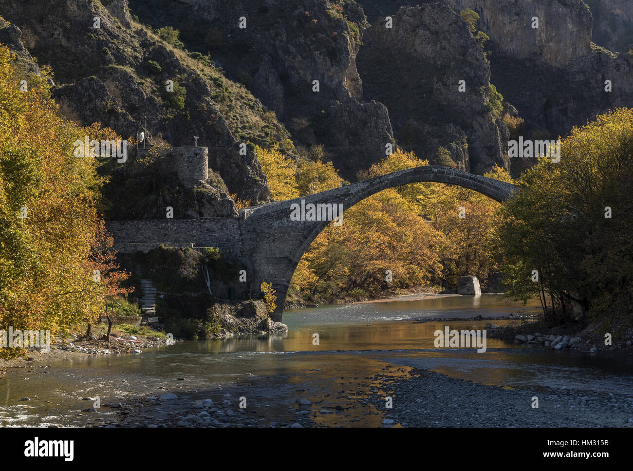 Konitsa Bridge, over the river Aoos, in autumn; built in 1870. North ...