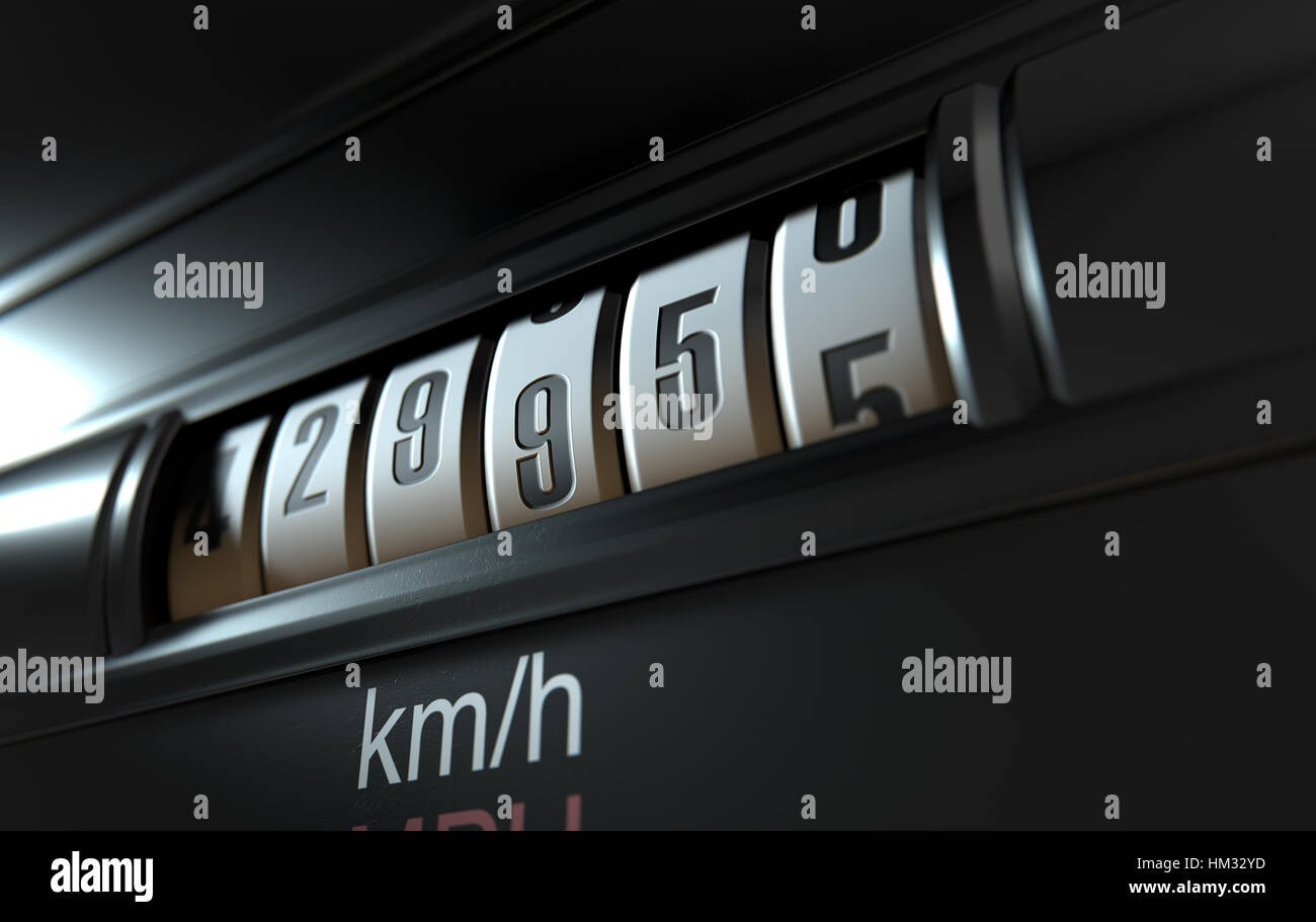 A 3D render of an analogue car odometer concept showing a very high ...