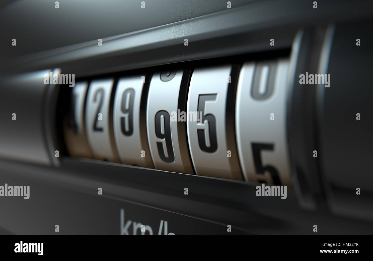 A 3D render of an analogue car odometer concept showing a very high ...
