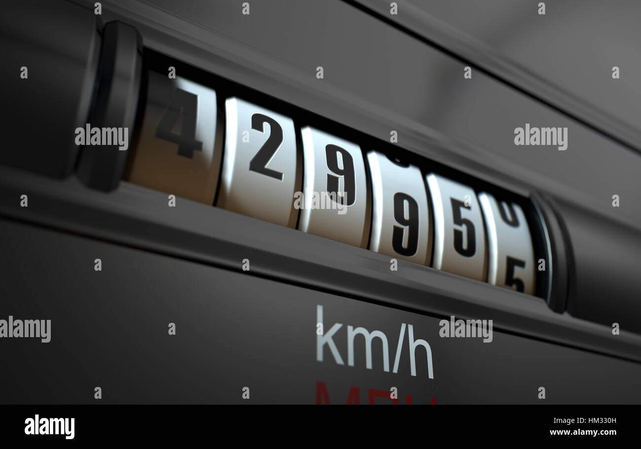 A 3D render of an analogue car odometer concept showing a very high ...
