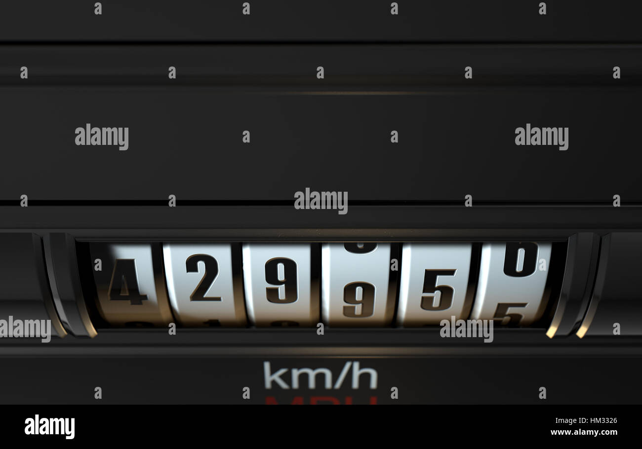 A 3D render of an analogue car odometer concept showing a very high ...