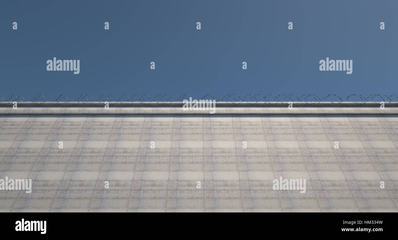 A 3D render of a massively high concrete security wall topped with ...