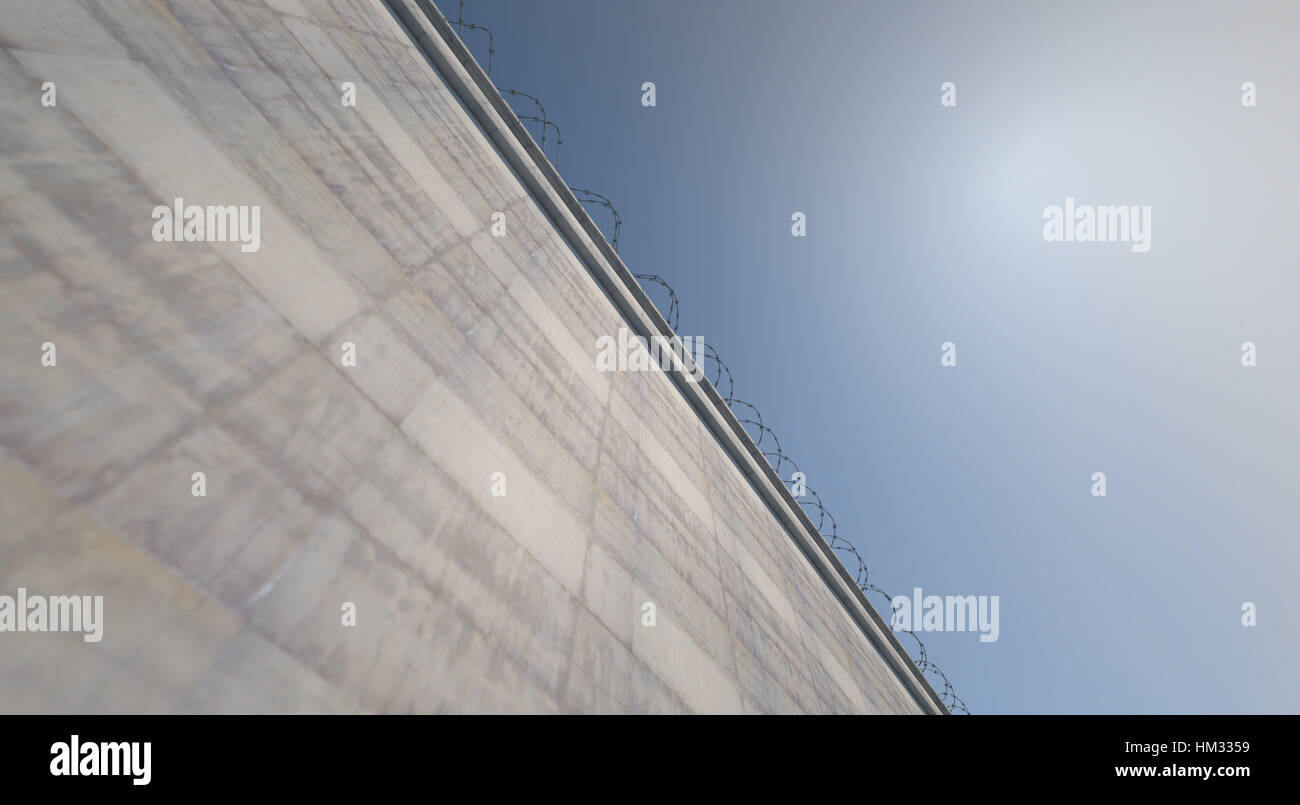 A 3D render of a massively high concrete security wall topped with ...