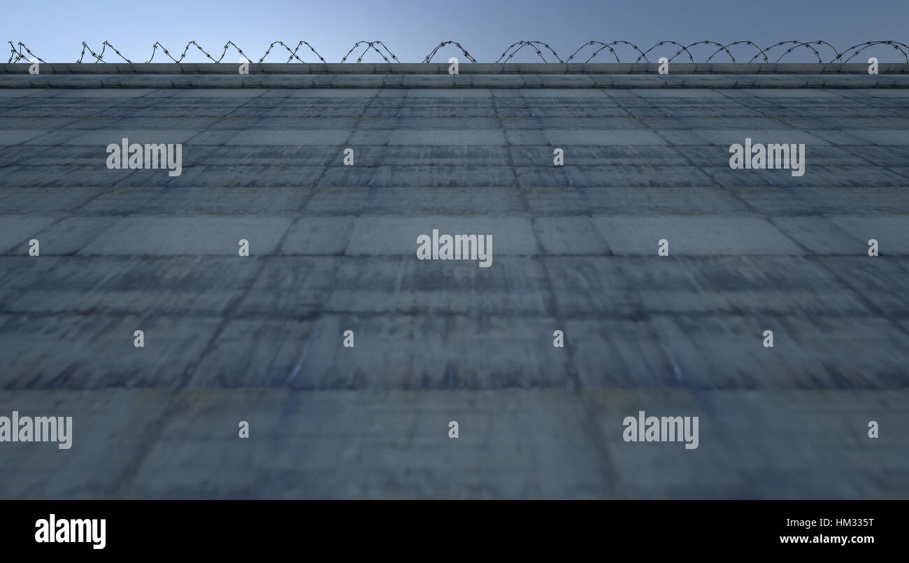 A 3D render of a massively high concrete security wall topped with ...