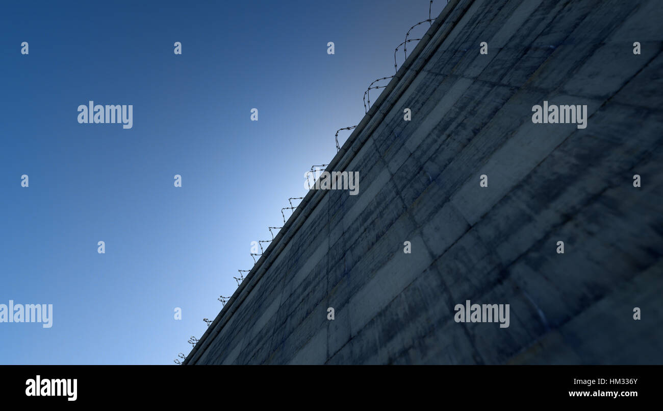 A 3D render of a massively high concrete security wall topped with ...