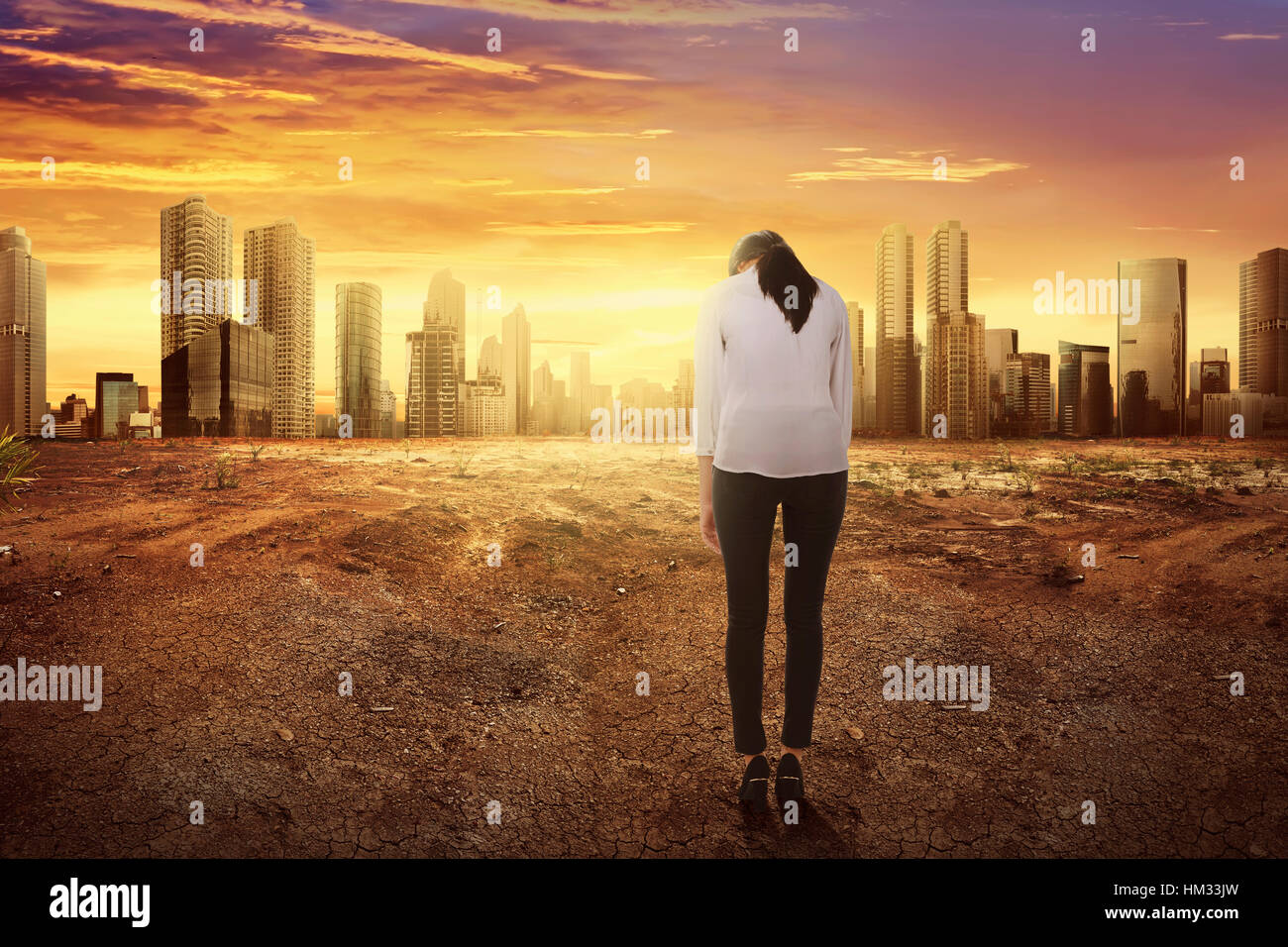 Rear view of asian business woman with sad expression looking changing ...