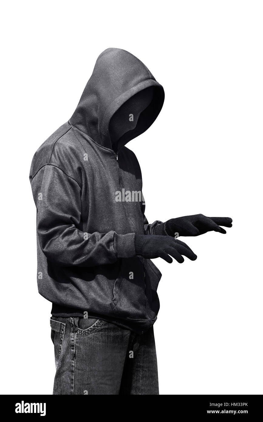 Hacker typing something while standing isolated against white ...