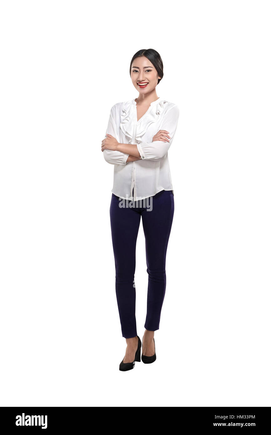 Portrait Of A Happy Asian Business Woman Standing With Folded Hands