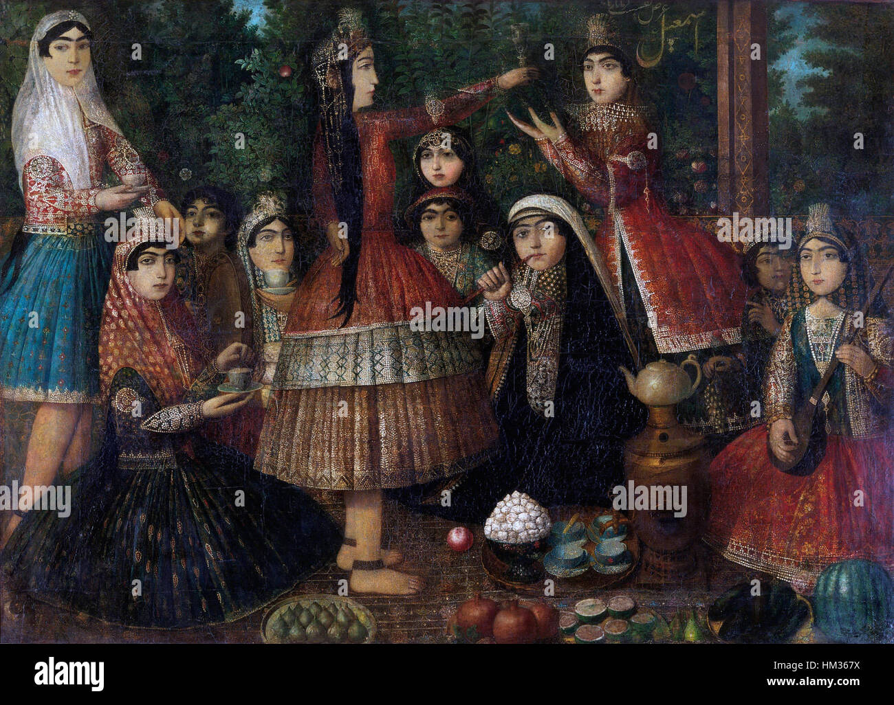 This painting depicts Iranian women dancing around a traditional ...