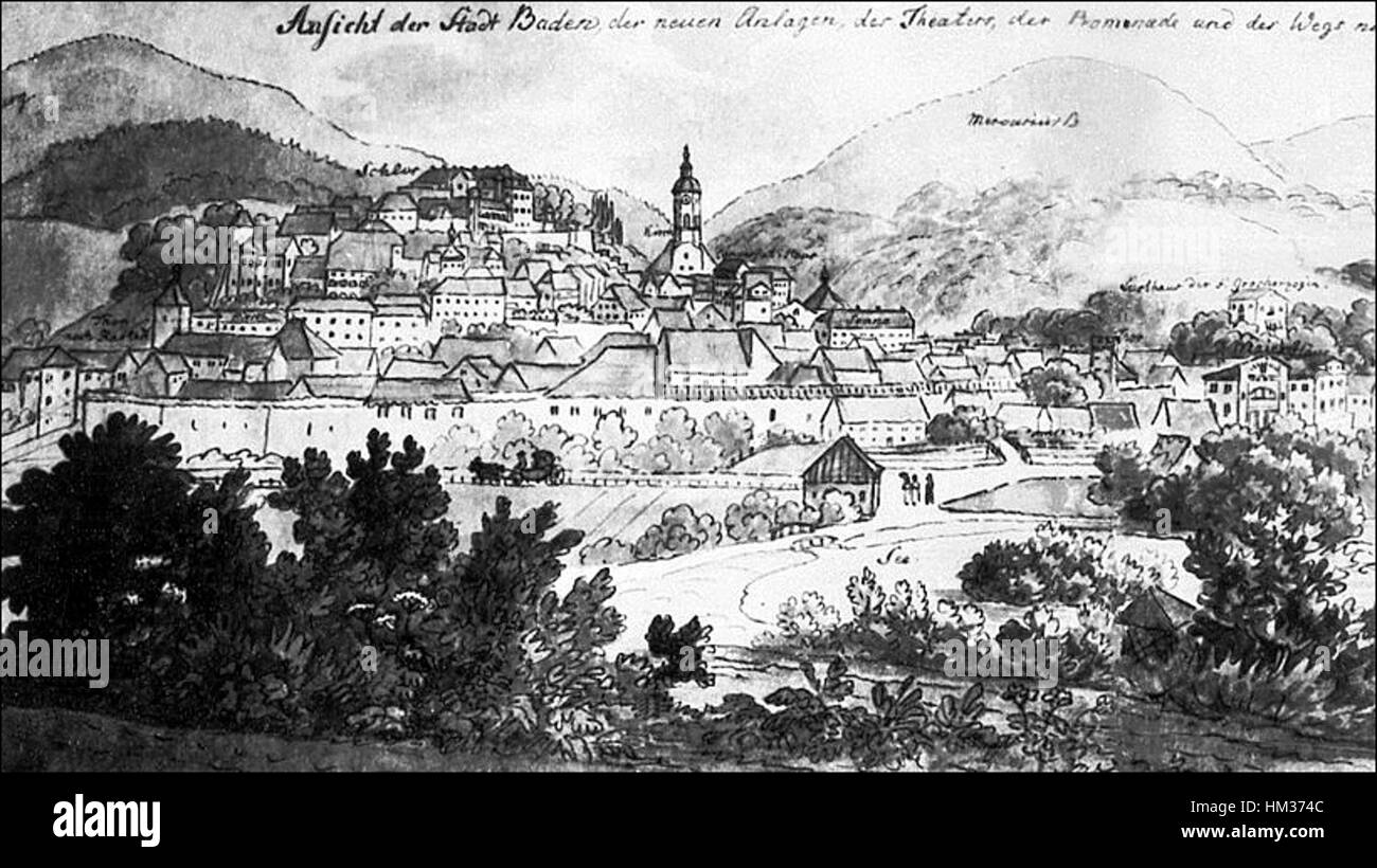 A painting depicting the historic city of Baden-Baden in 1814, showing ...