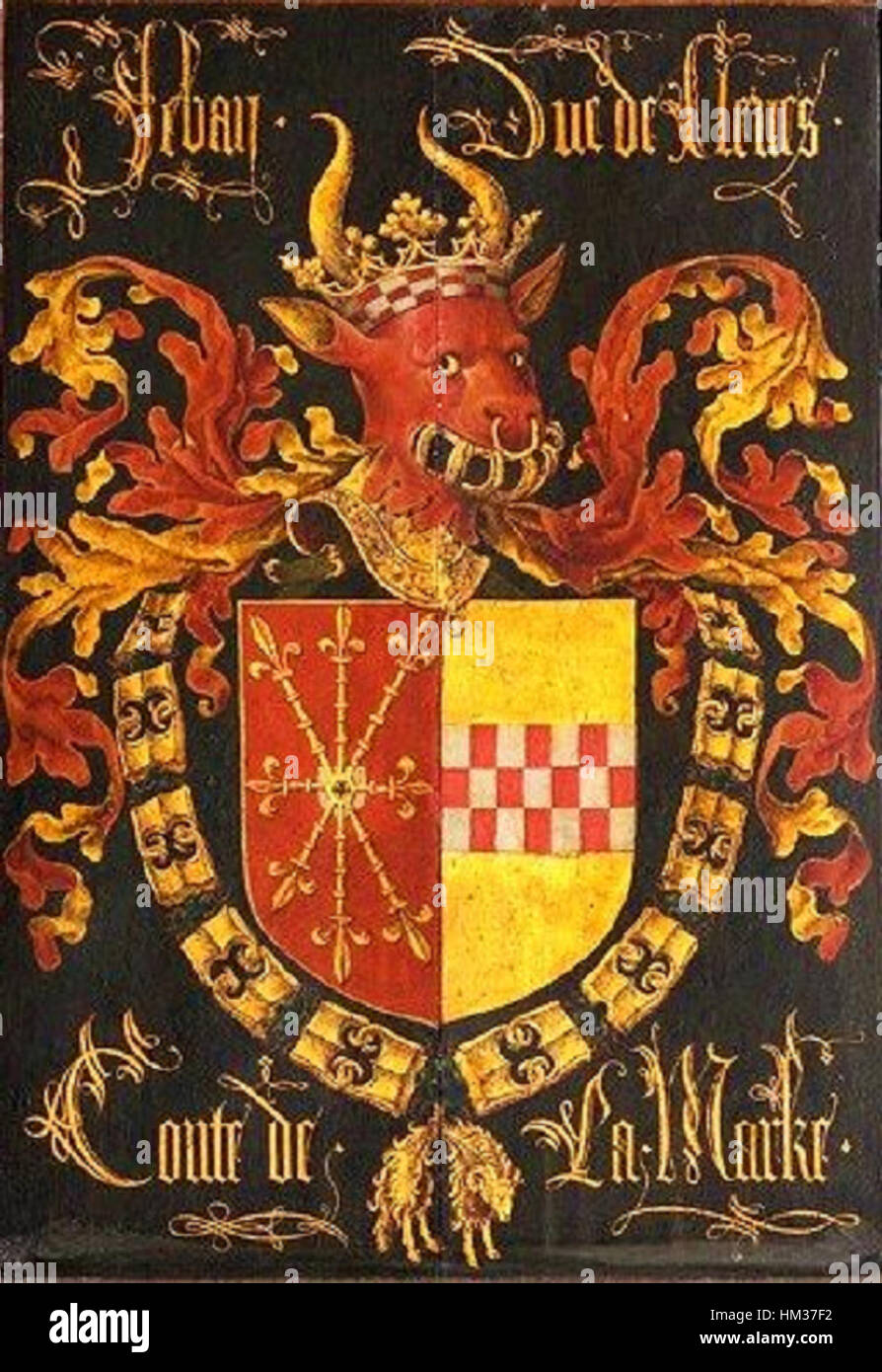 This artwork features the coat of arms of Johann I, Herzog von Kleve ...