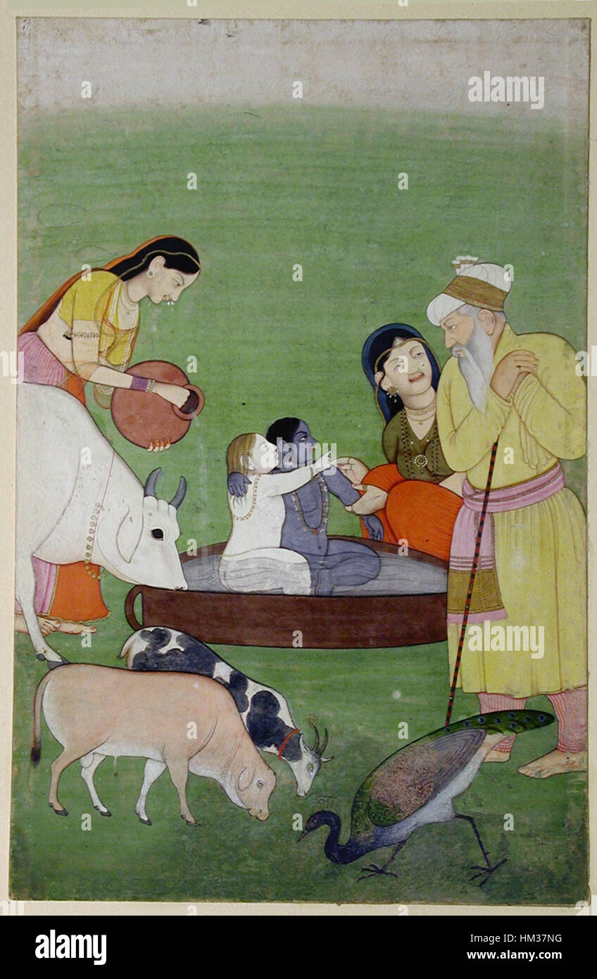 This artwork depicts the divine brothers Krishna and Balarama bathing ...