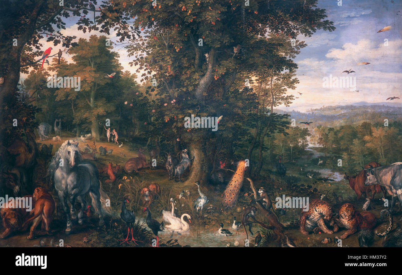 *Garden of Eden*, by Jan Brueghel I, presents the biblical scene of ...