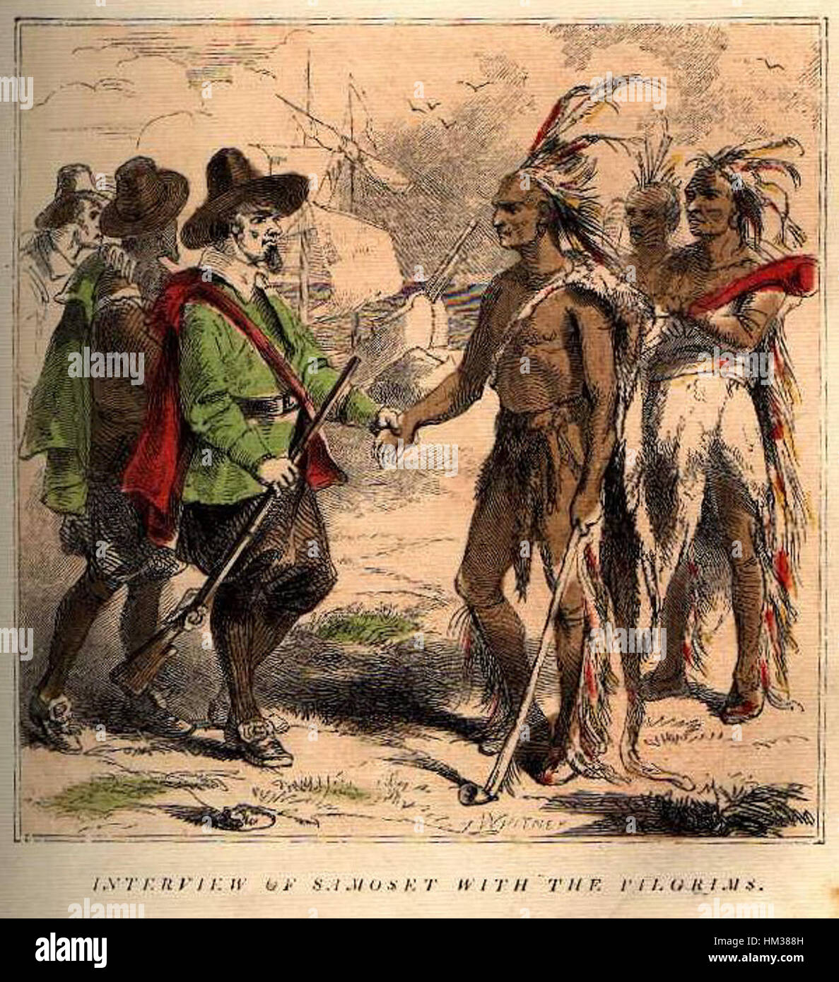 This painting depicts the first interaction between Samoset, a Native ...
