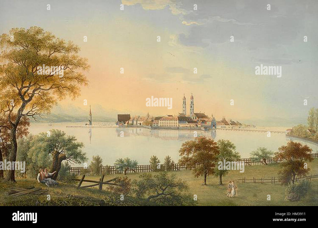 This 18th-century artwork depicts the town of Lindau, showcasing the ...