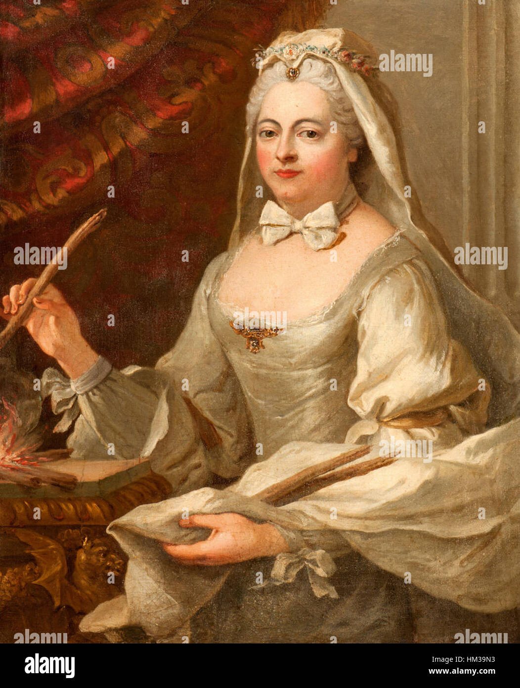 The artwork 'Dame mit Feuerholz' attributed to Jean Raoux depicts a ...