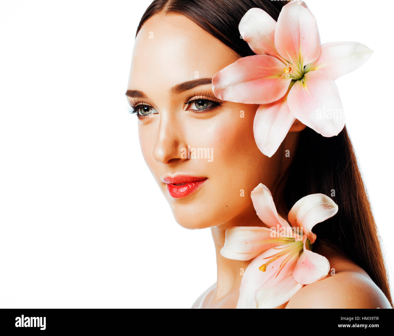 young attractive lady close up with hands on face isolated flowe Stock ...