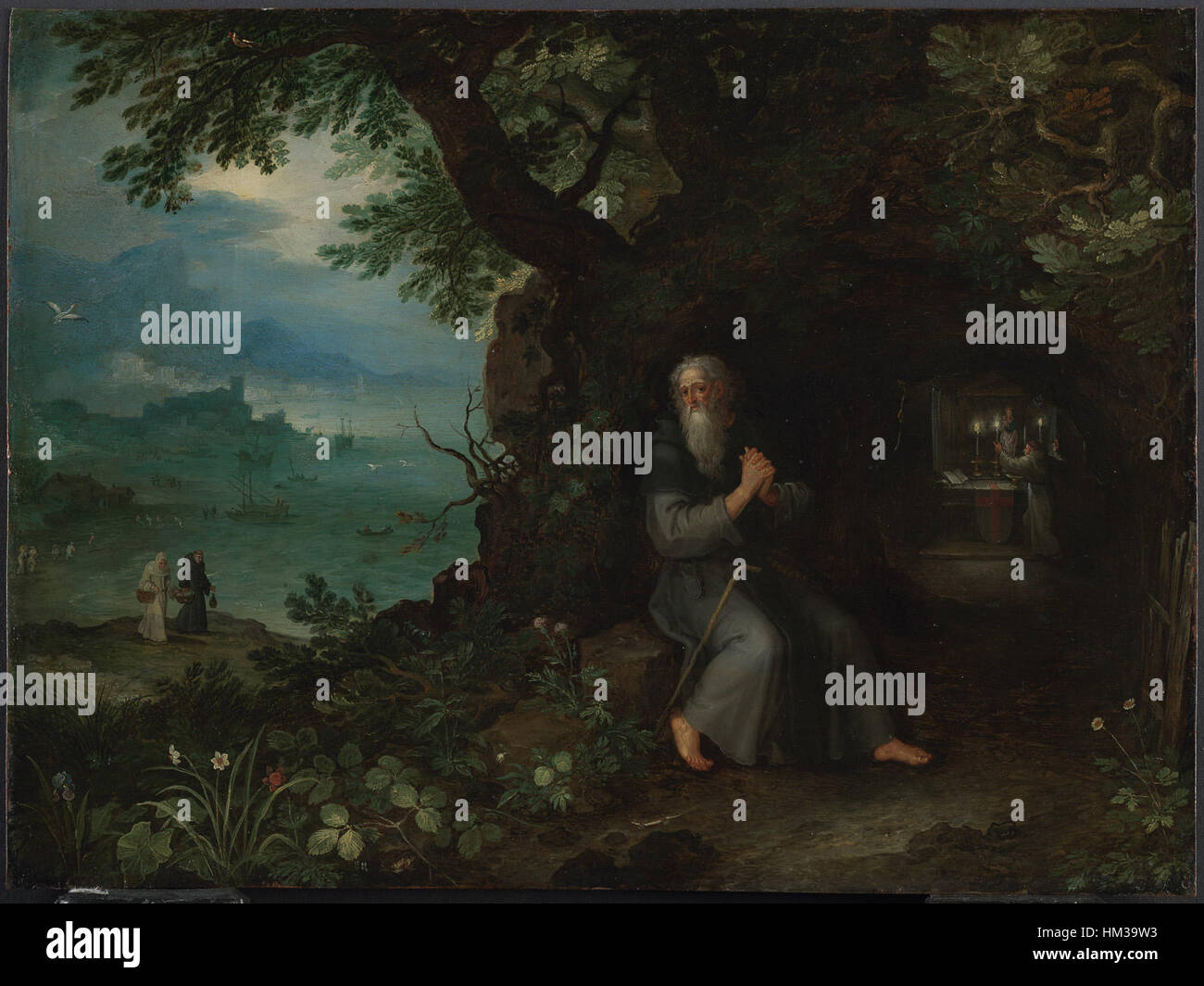 A landscape painting by Jan Bruegel the Elder depicting St. Fulgentius ...