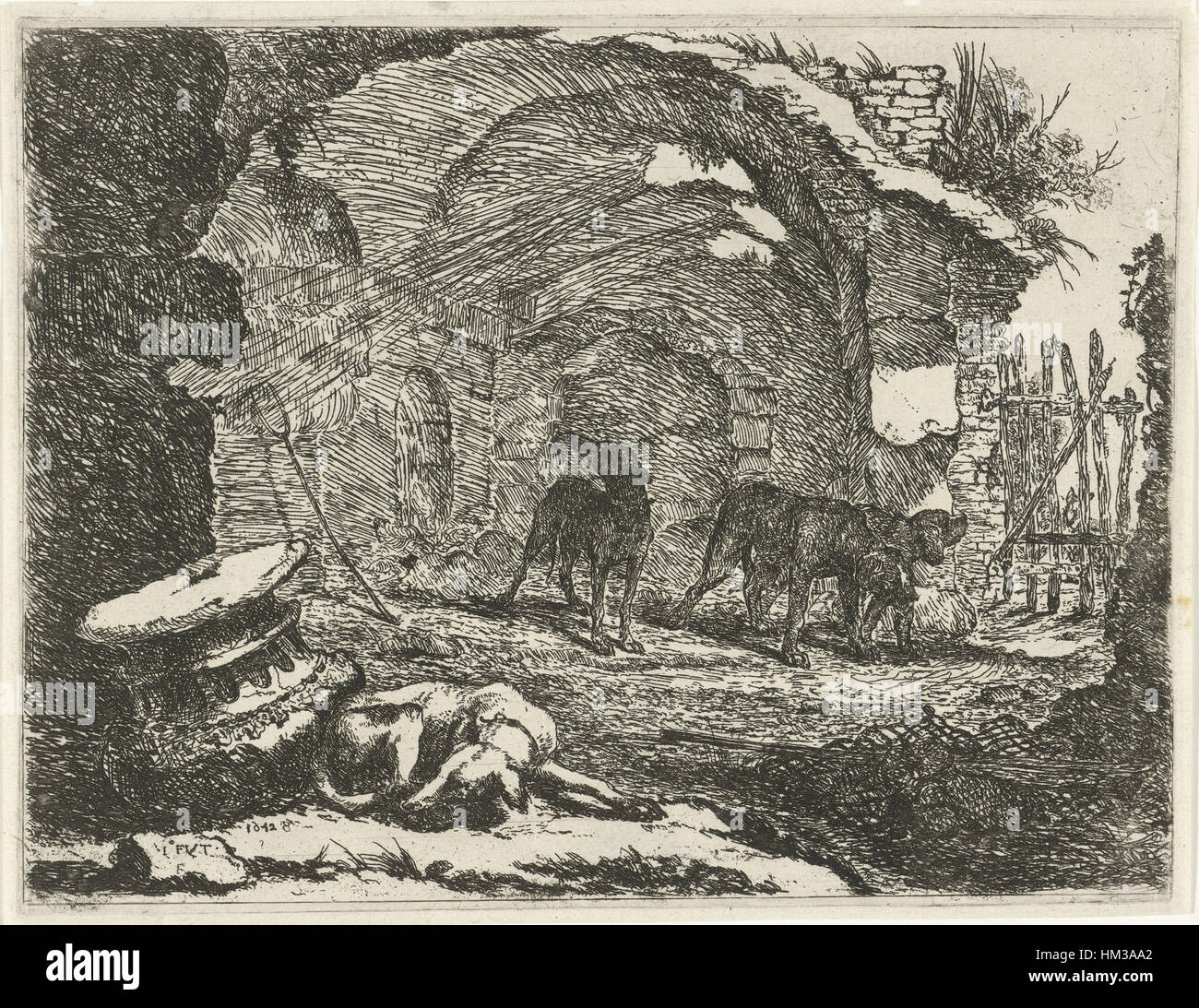 A painting by Jan Fyt depicting four dogs in front of a ruin. The scene ...