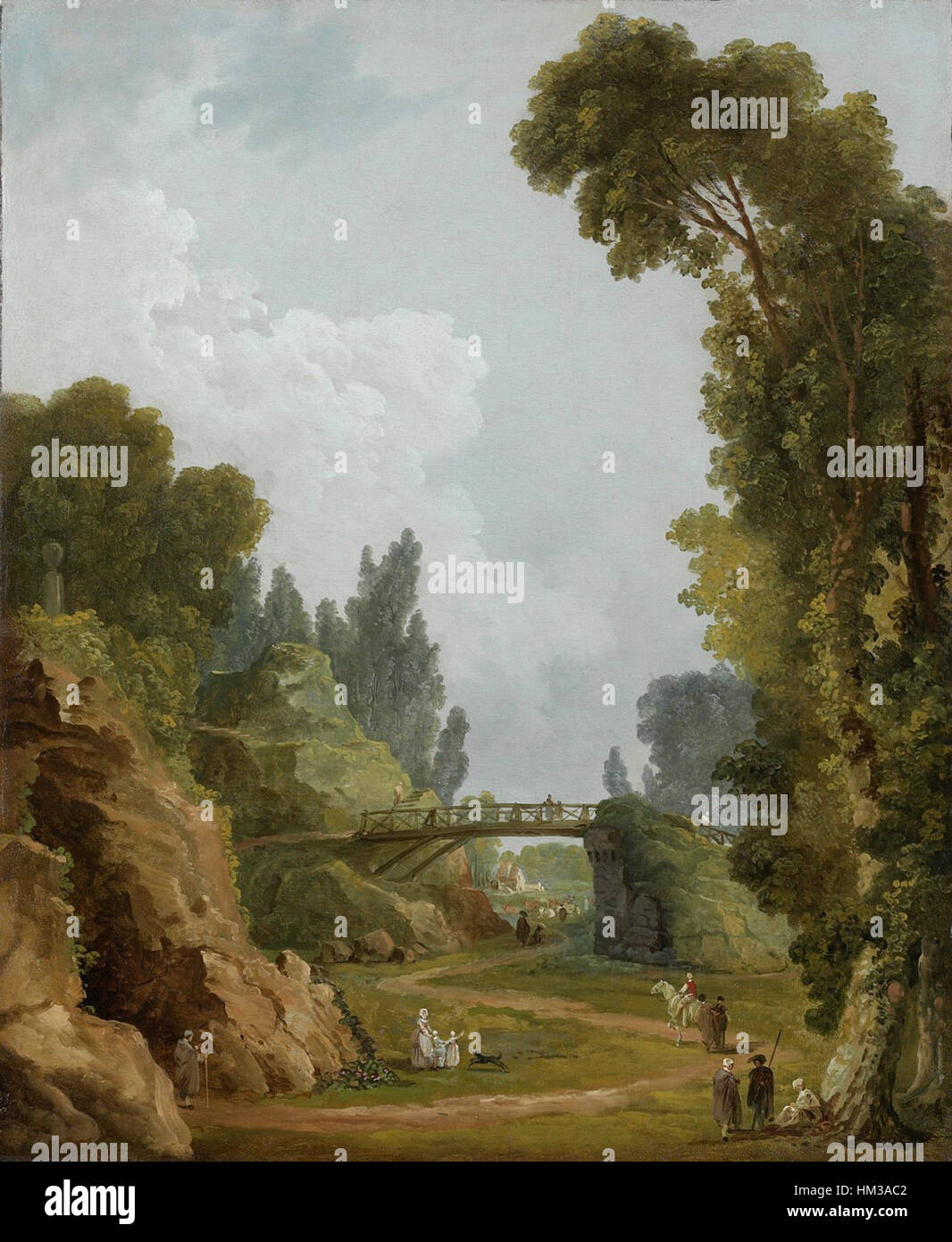 Hubert Robert's painting 'The Rustic Bridge' portrays a serene ...