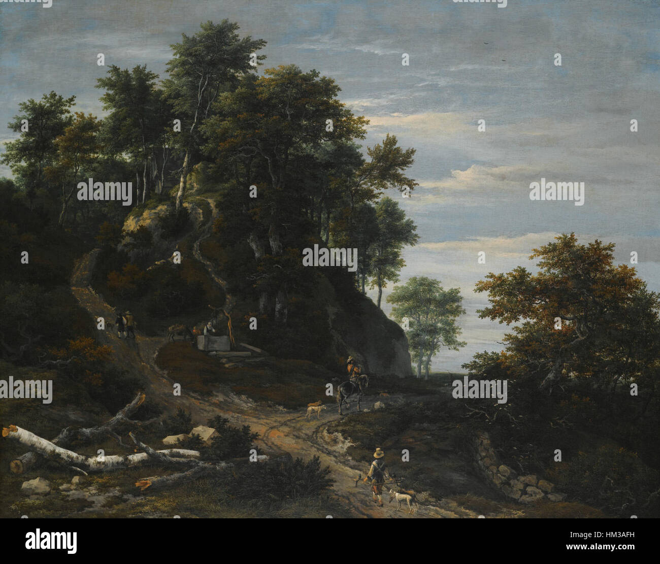 Jacob van Ruisdael’s painting depicts a scenic hilly wooded landscape ...