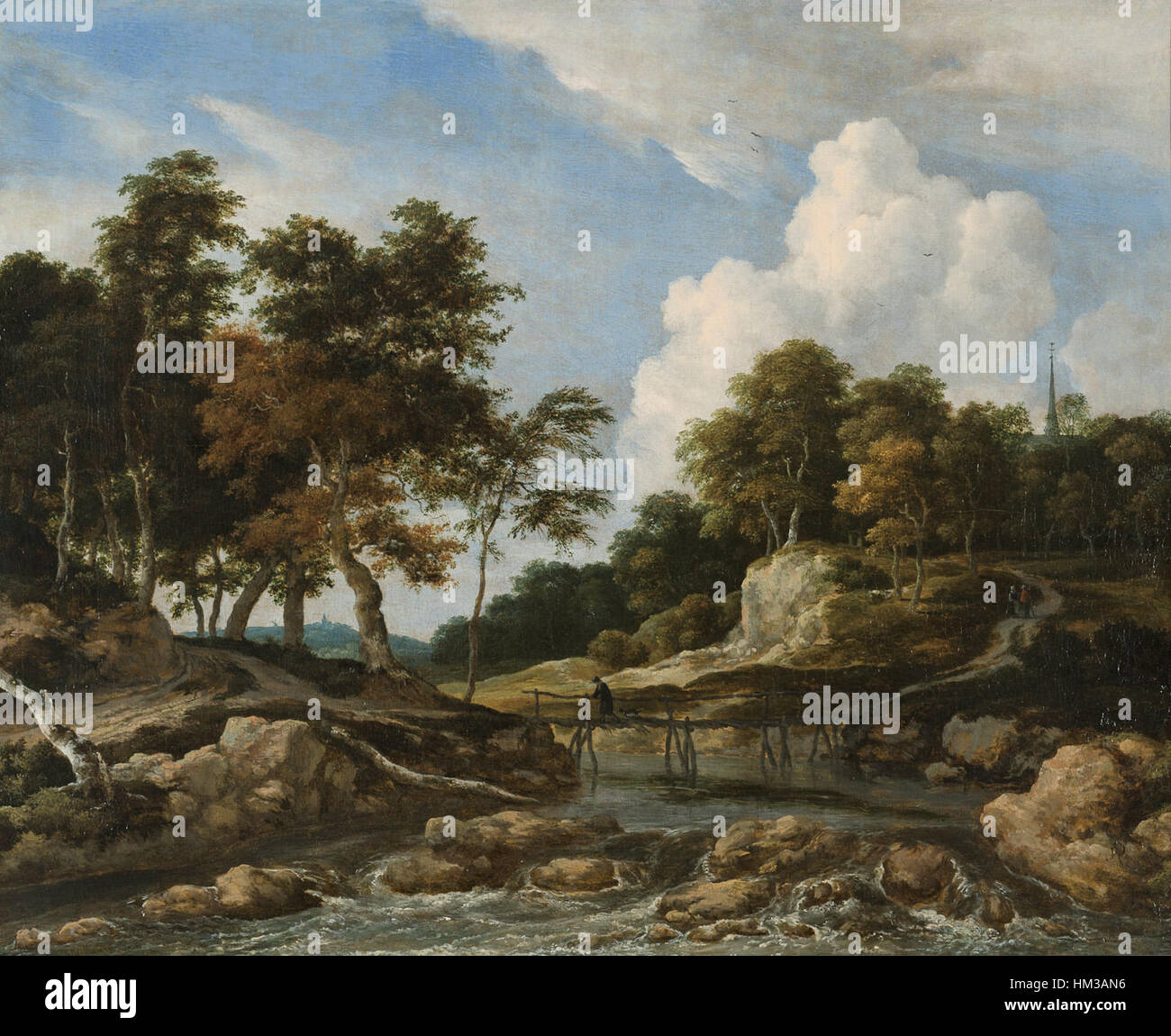 A painting by Jacob van Ruisdael featuring a wooded river landscape ...