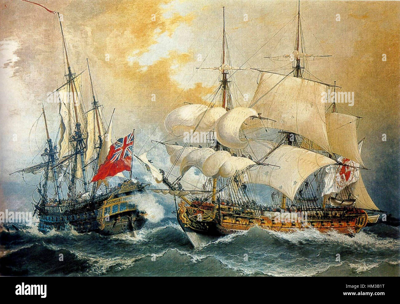 A historical painting depicting the capture of the Stanhope, a ...