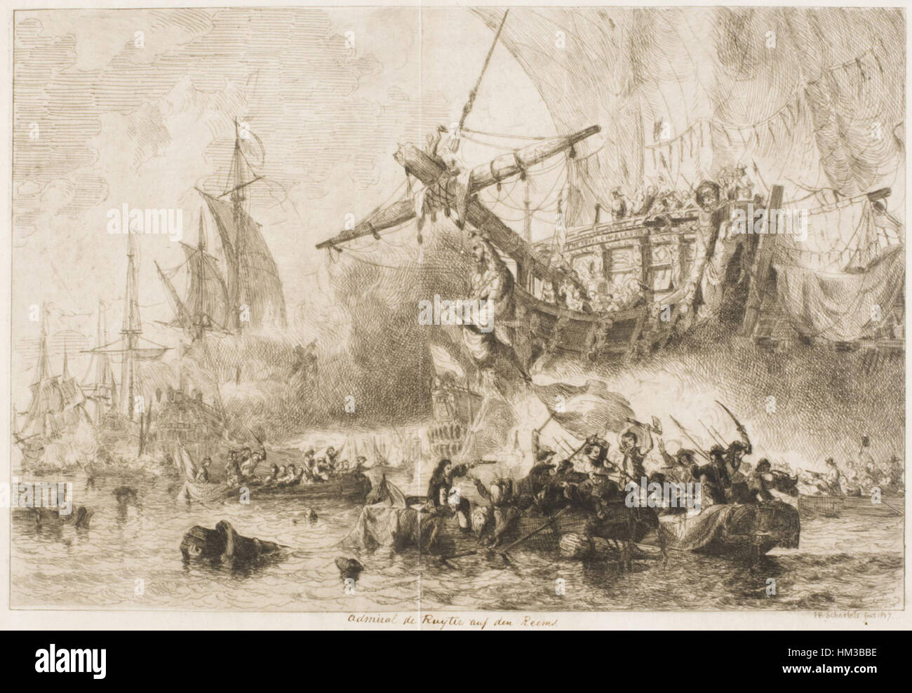 *Admiral Ruyter on the River Thames* by Hendrik Frans Schaefels depicts the Dutch admiral as he ...