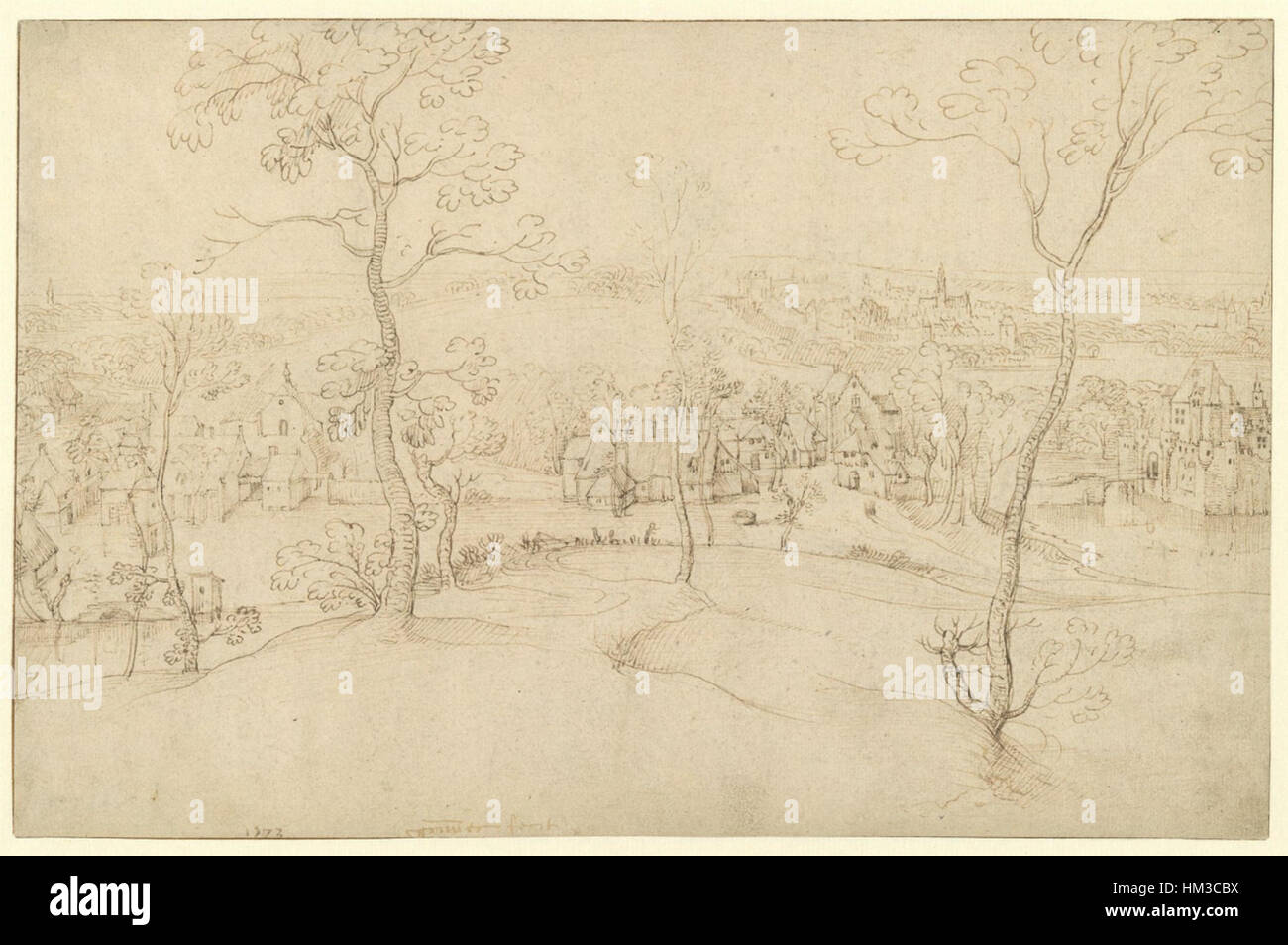 Jacob Grimmer - View over a tree-covered hill towards a village on a ...