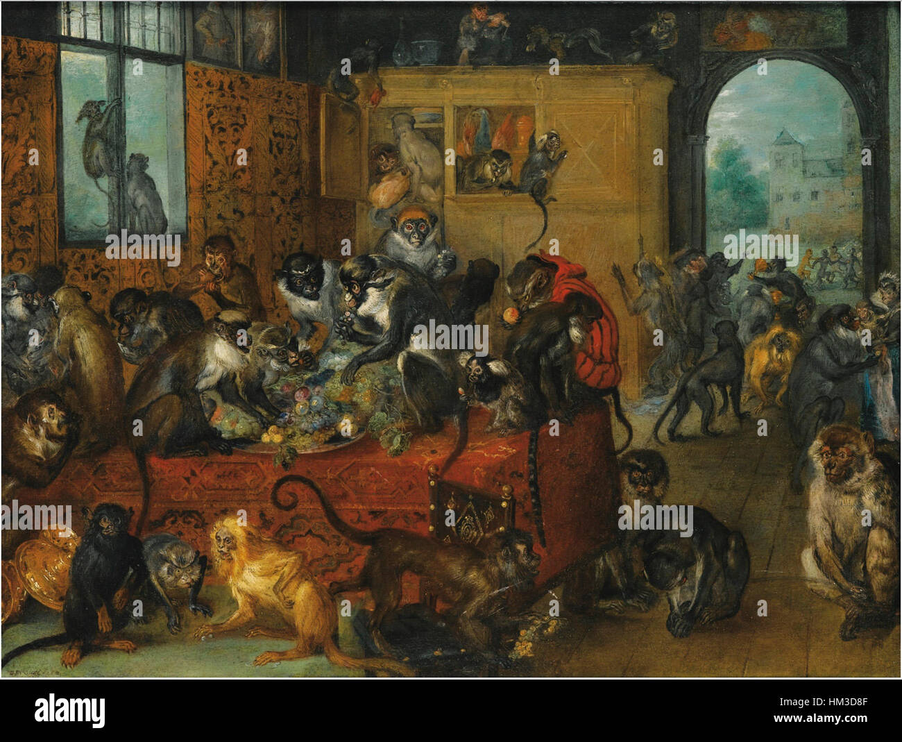 A painting by Jan Breughel I titled 'Singerie', showcasing a whimsical ...