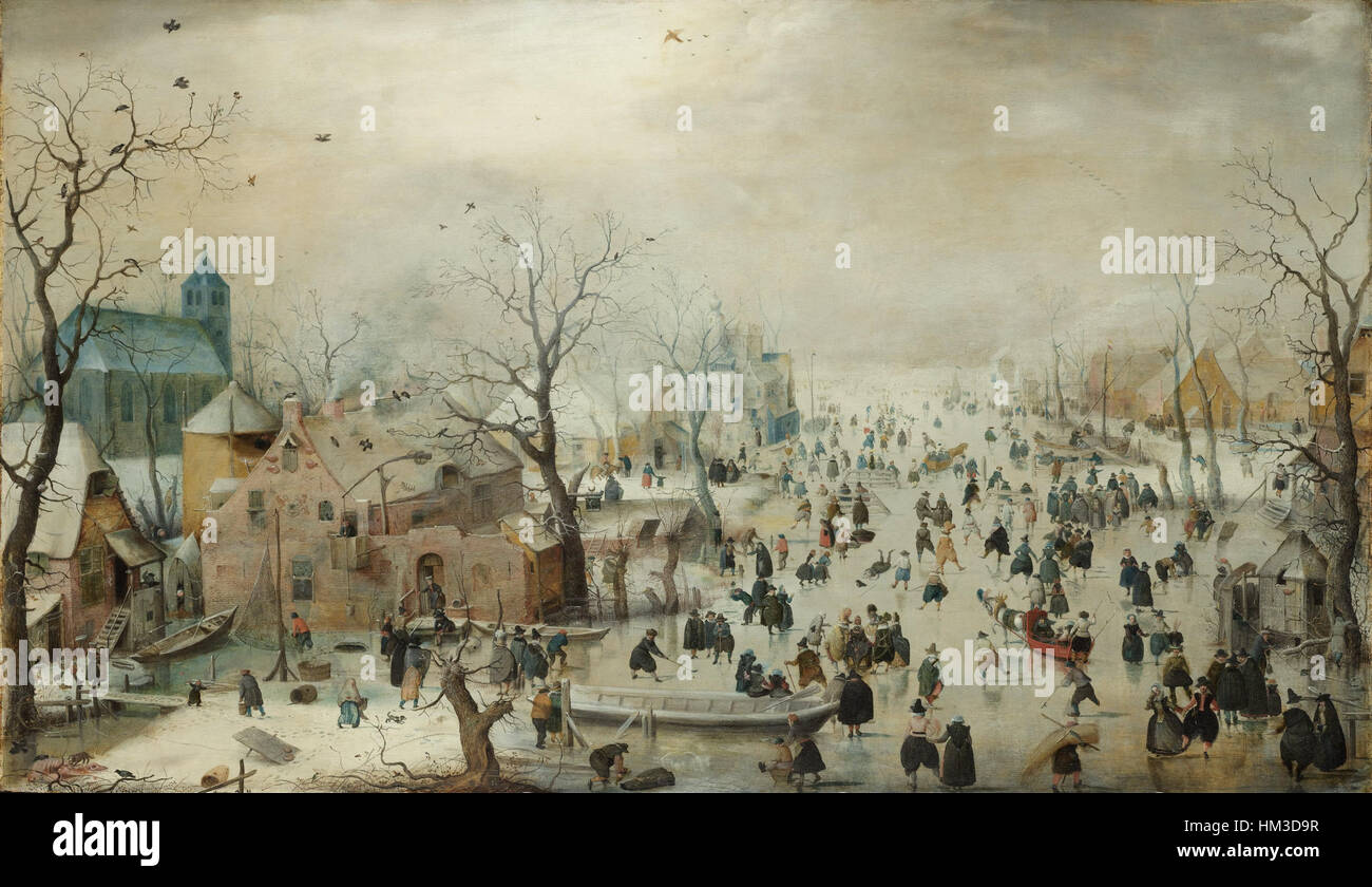 A winter scene by Hendrick Avercamp, titled 'Winterlandschap met ijsvermaak,' showing people ...