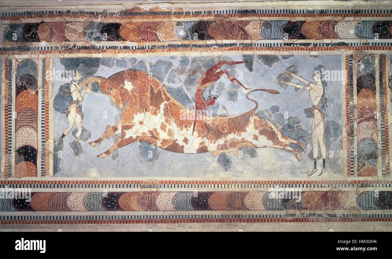 This artwork depicts the famous bull motif from the ancient Minoan ...