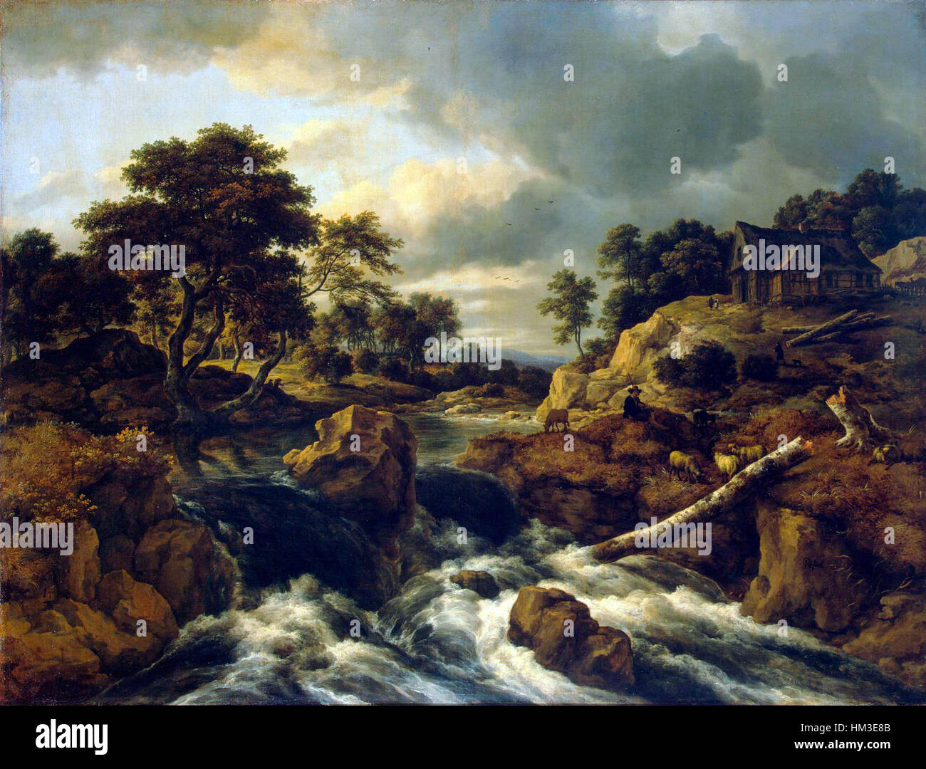 A painting by Jacob van Ruisdael depicting a waterfall in a hilly ...