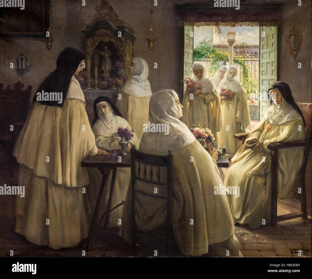 This painting shows an interior scene of a convent with Mercedarian ...