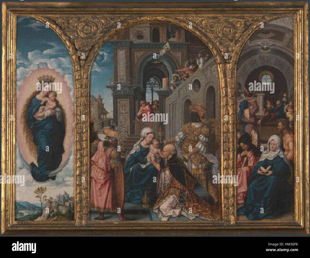 This piece, attributed to the Jan Gossaert circle, portrays the biblical scene of the Adoration ...
