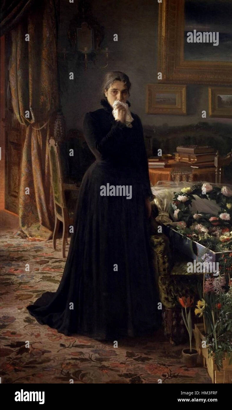 A painting titled 'Inconsolable Grief' portrays a scene of sorrow and ...