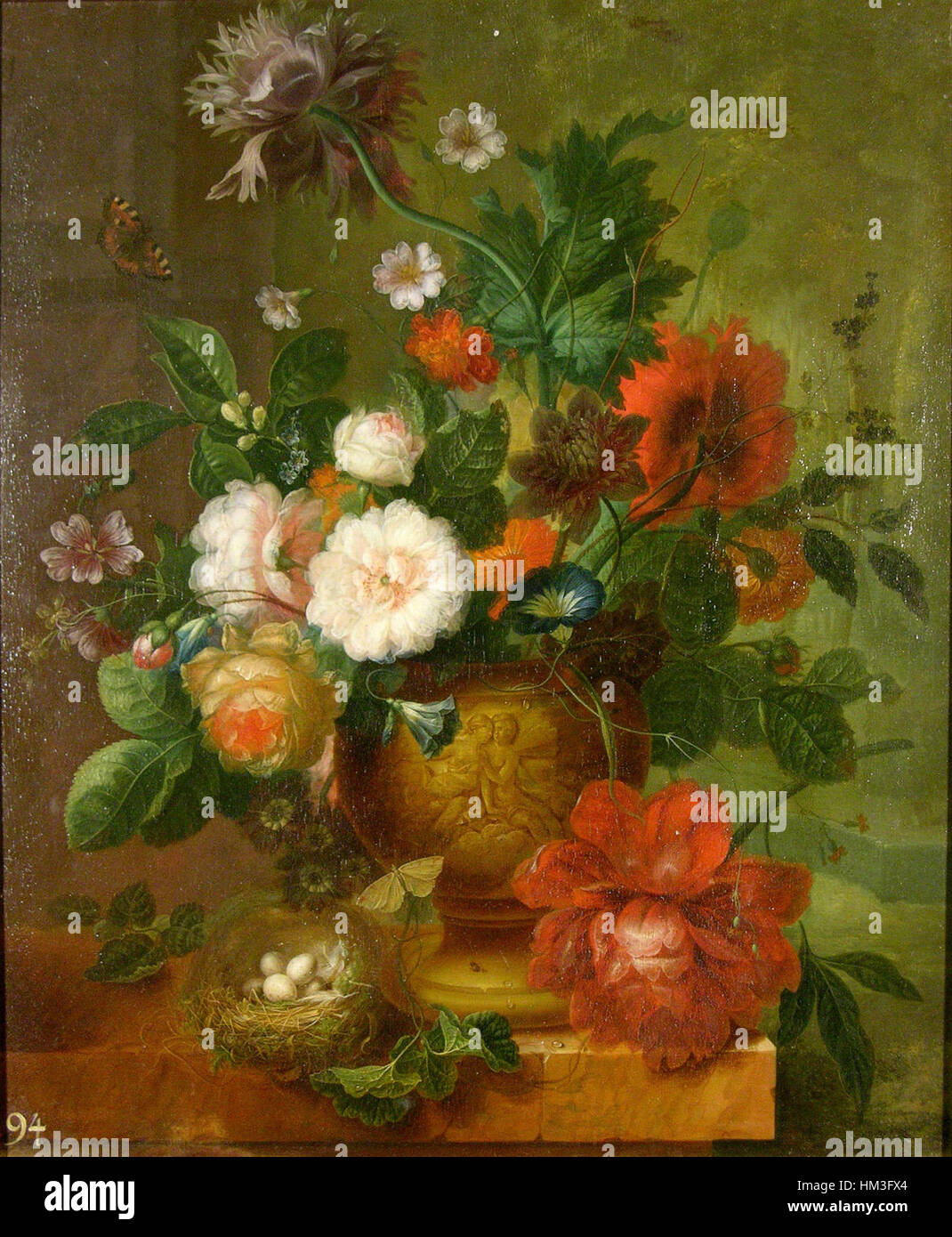 The painting by Huysum features a detailed still life, typical of the ...