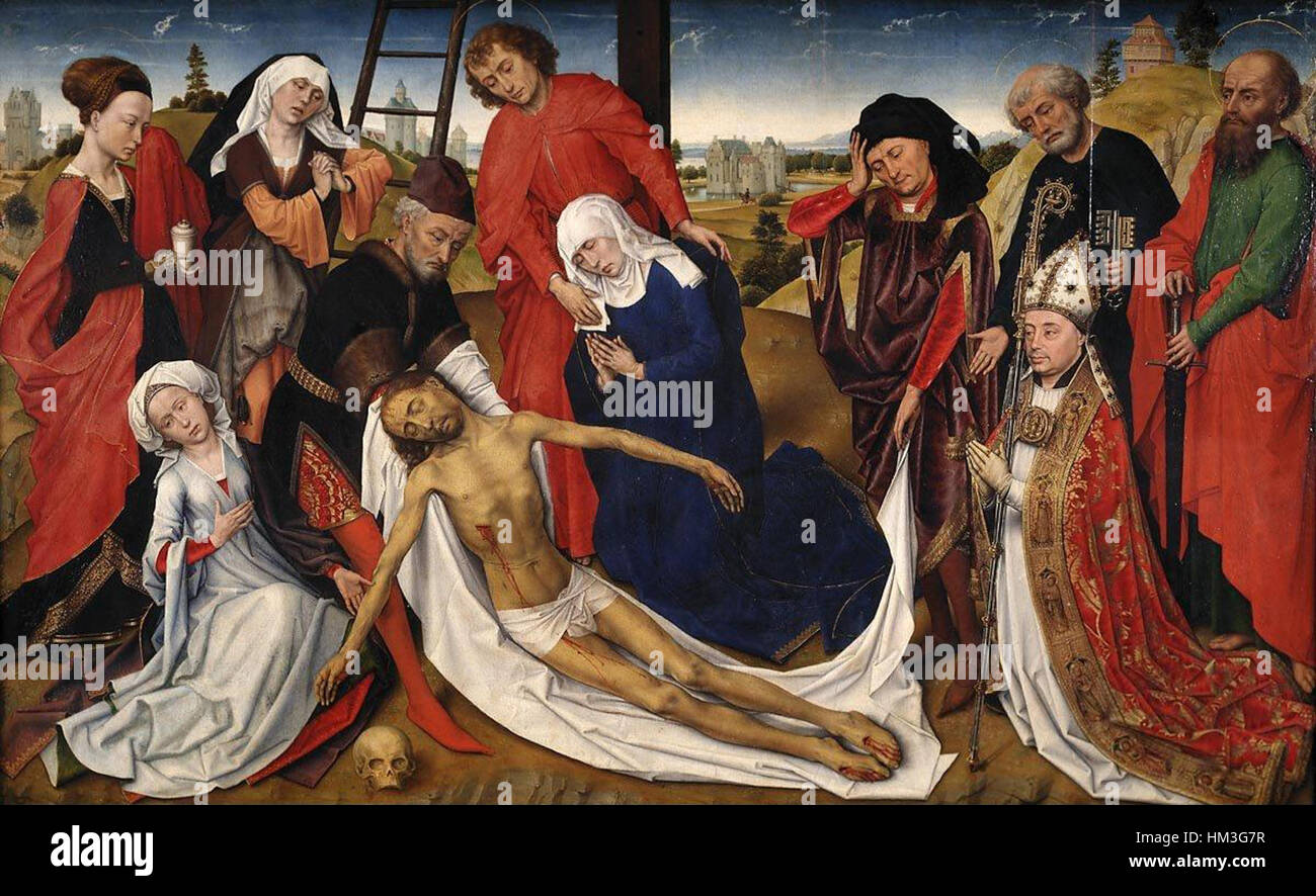 The painting 'Lamentation over the Dead Christ' by Rogier van der Weyden depicts the mourning of ...